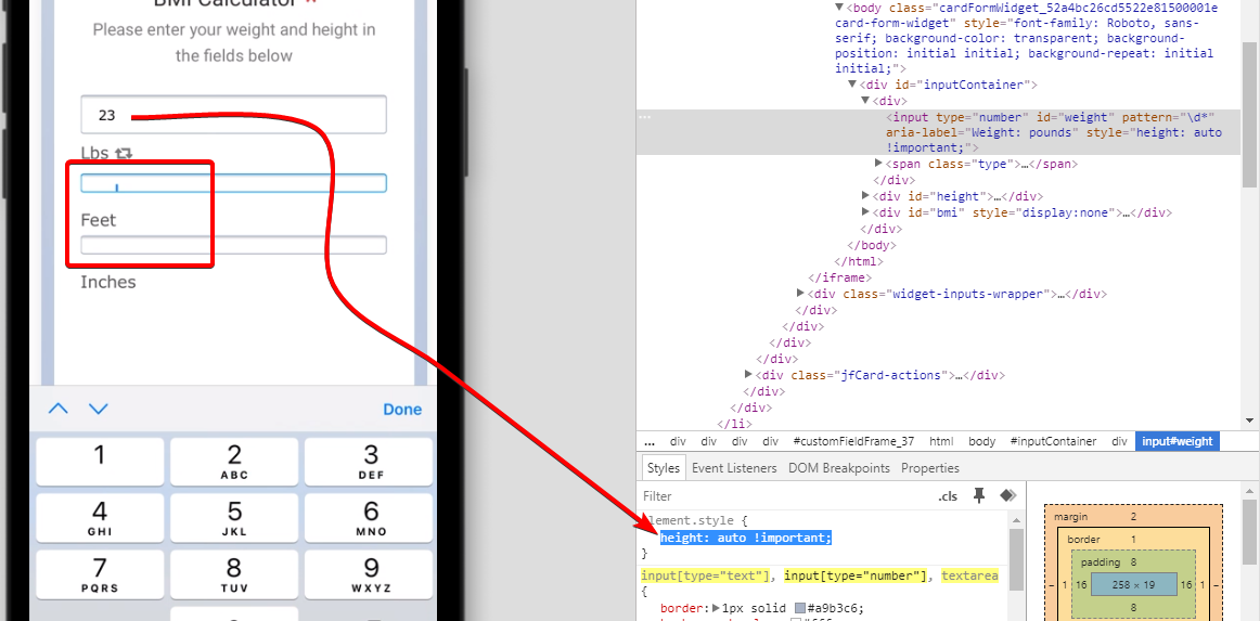BMI widget not working on mobile view