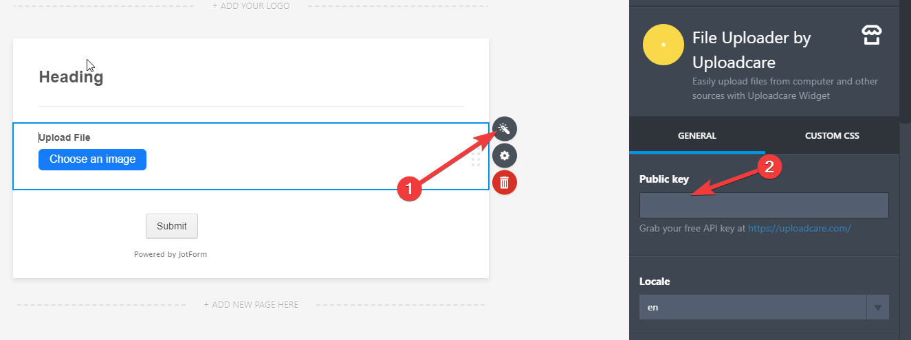 Form asking Uploadcare API Key