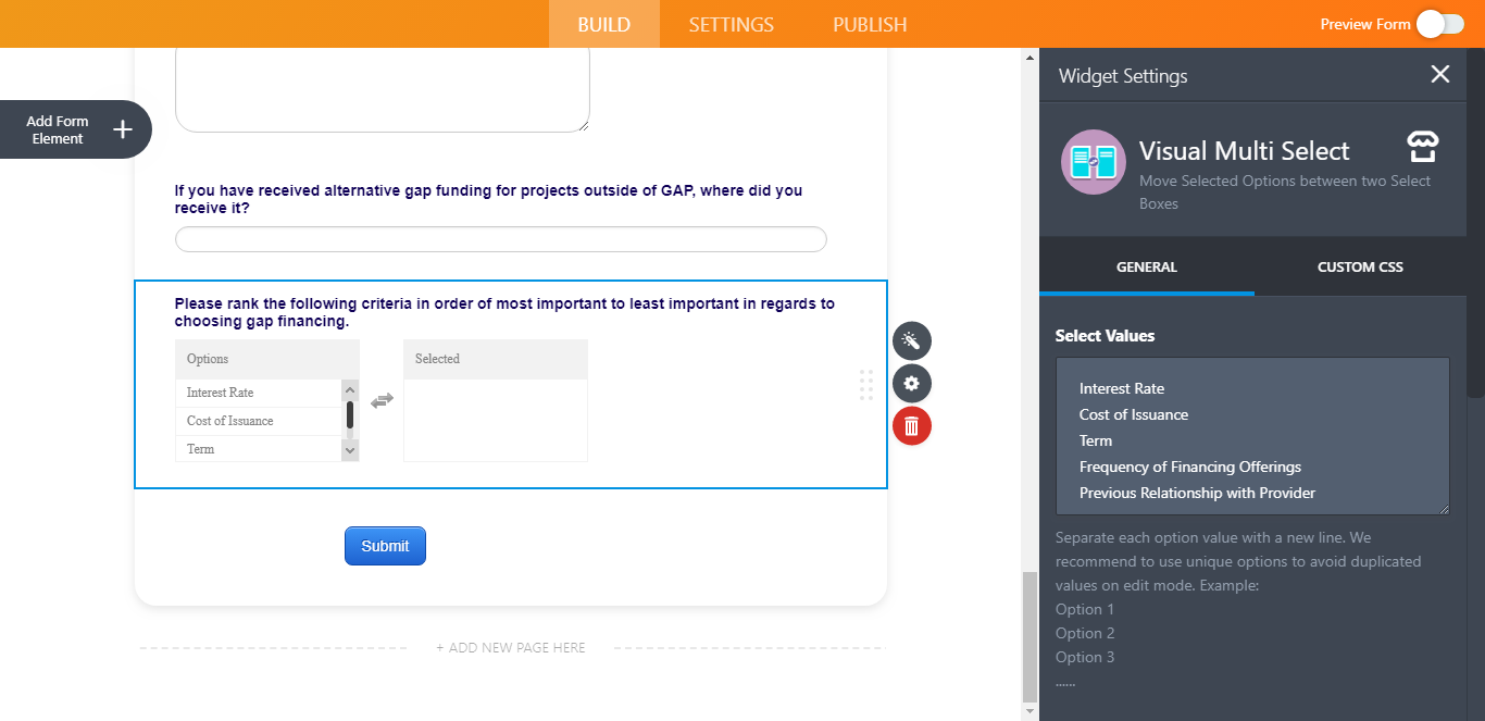 How can I insert options inside the Visual Multi Select widget?