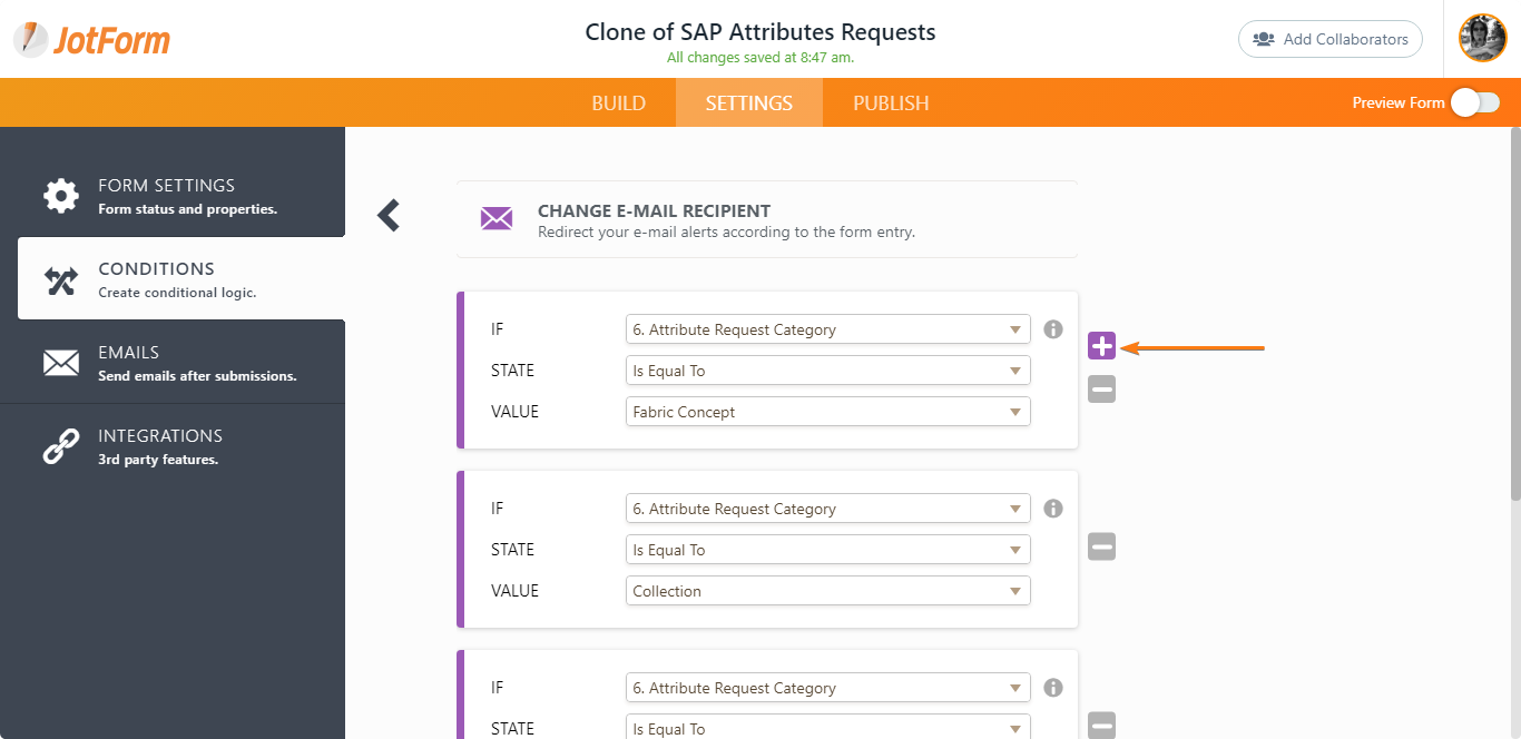 How can I conditionally send emails based on the category selected?