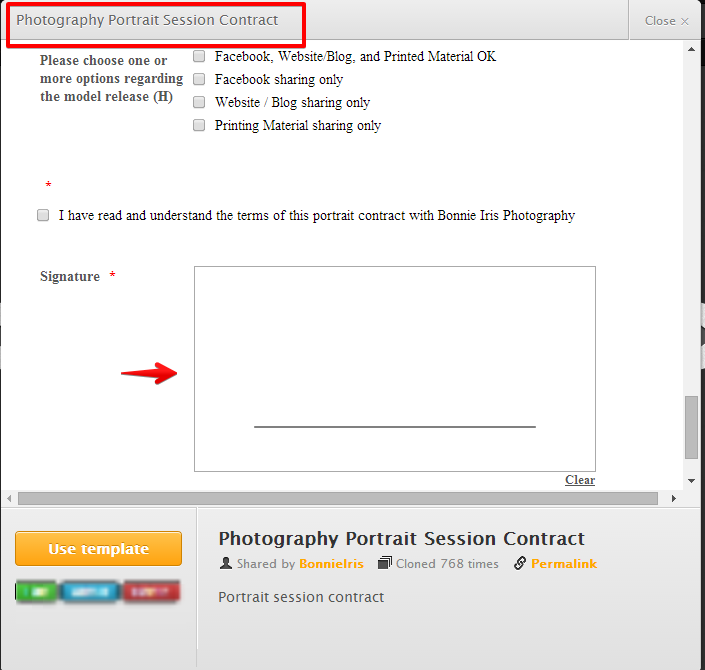 Portrait Session Contract form with e-signature