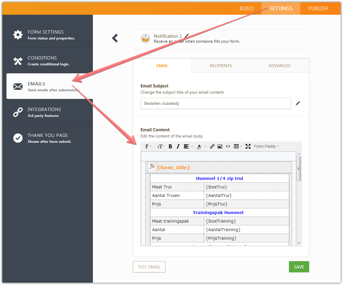 Missing text in customized email template