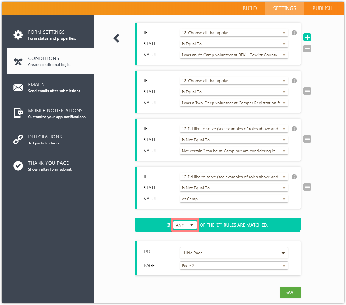 Conditions not working properly when user saves and comes back to ...