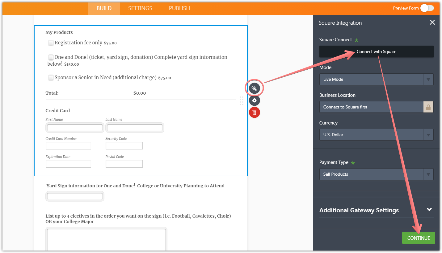 How do I get a specific square account attached to this jot form