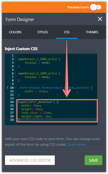 How to adjust dimentions of donation input with CSS