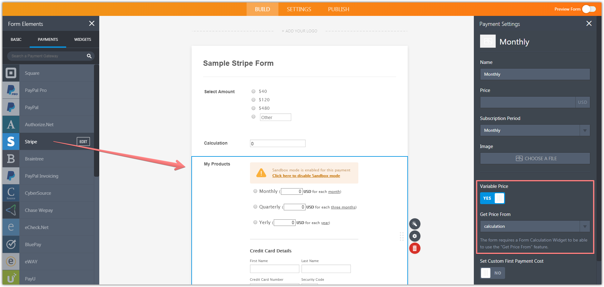Can we pass selected amount to Stripe subscription?
