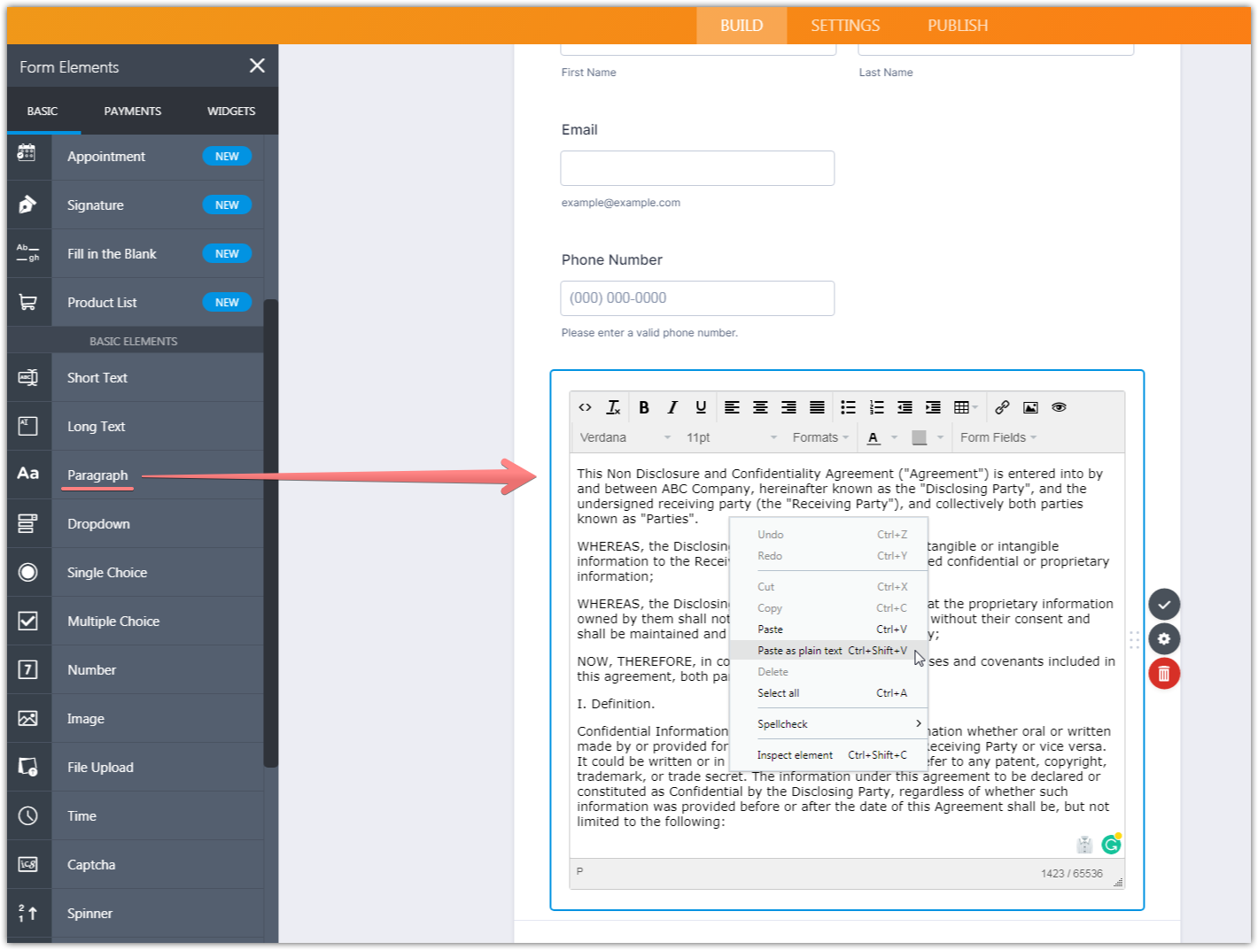 Can we cut and paste text from a word document into a form?