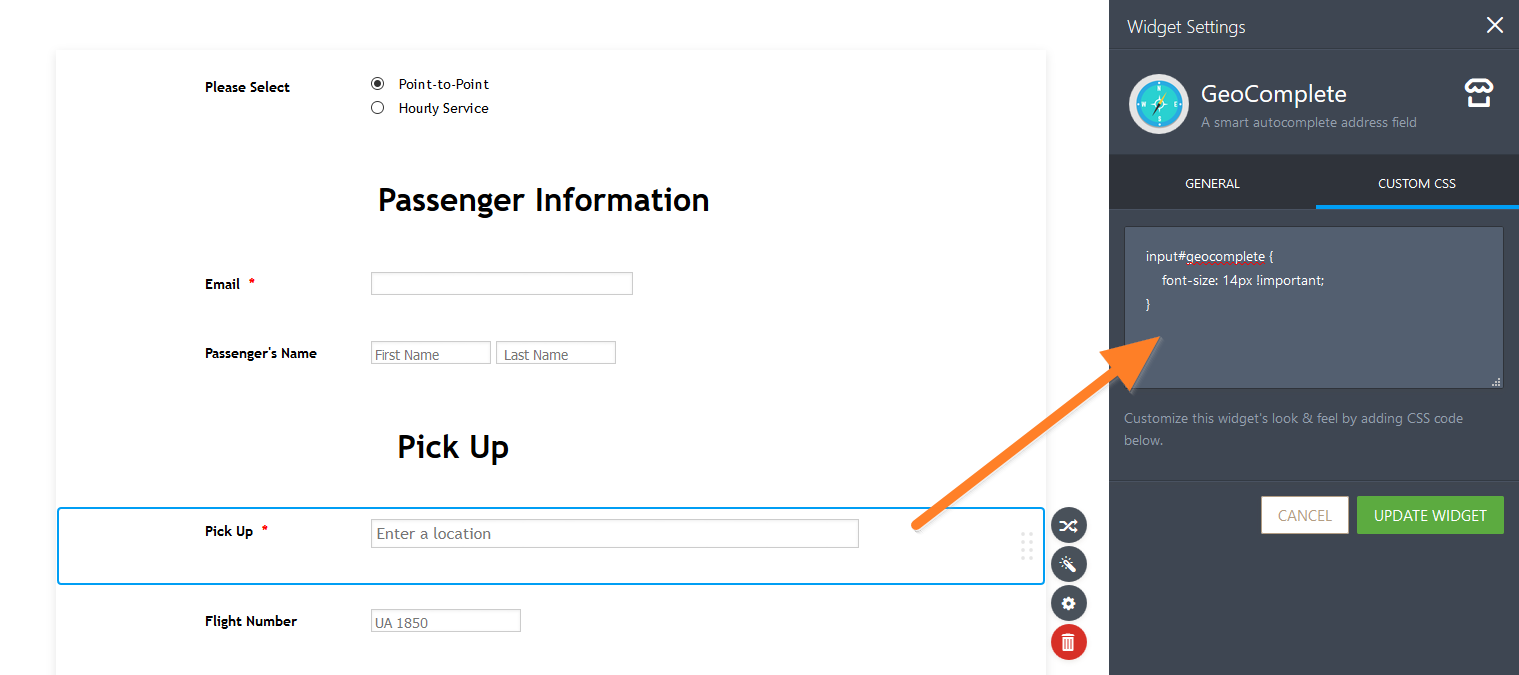 How can I reduce the font size on GeoComplete Widget?