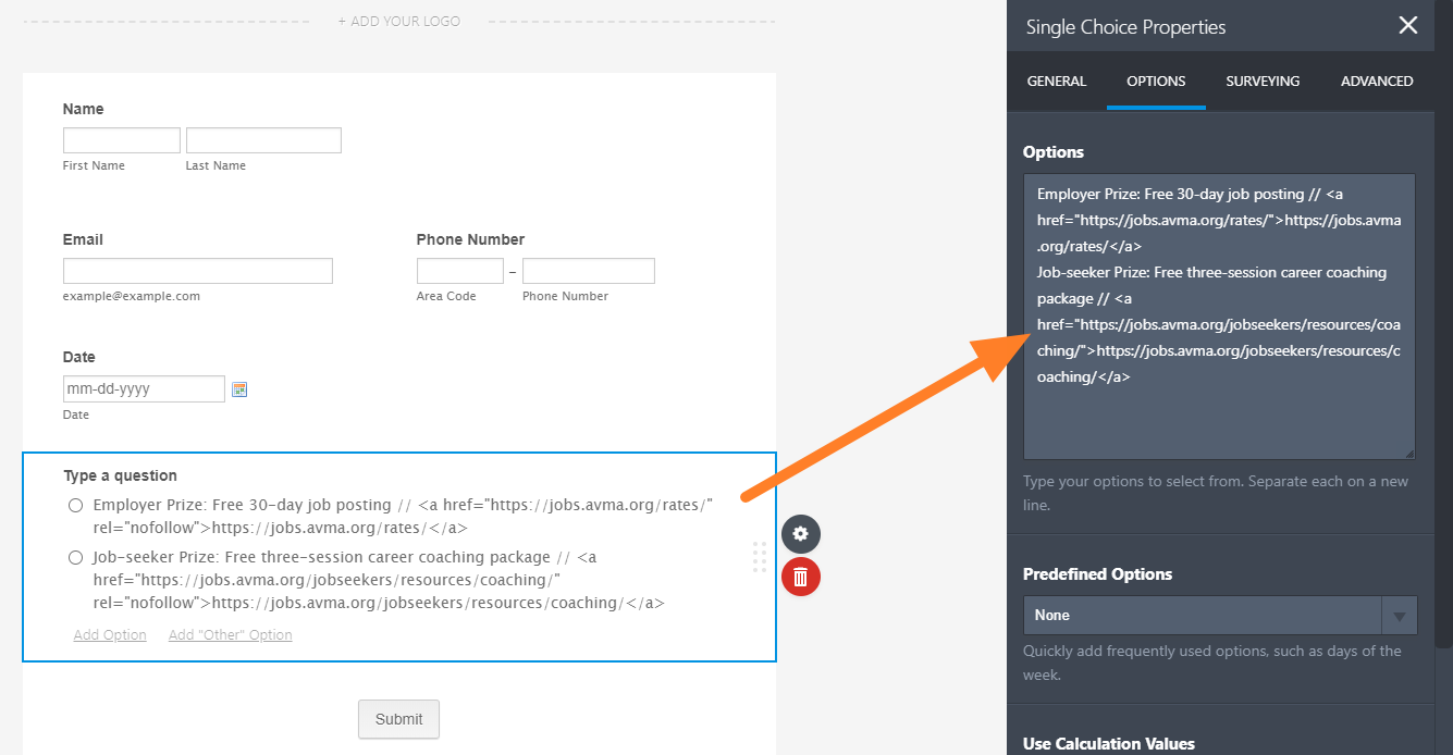 how-can-i-insert-a-link-into-the-answer-entries-in-a-single-choice